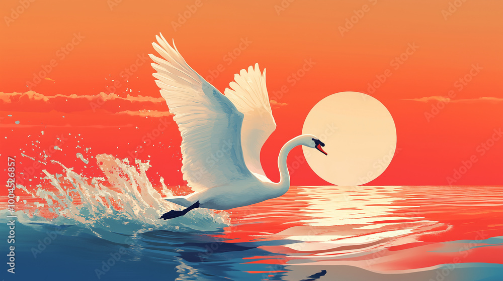 Swan rises from the water, its feet pushing off the surface, wings ...