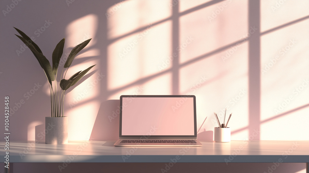 A modern, minimal workspace with a single laptop on a clean, glossy ...