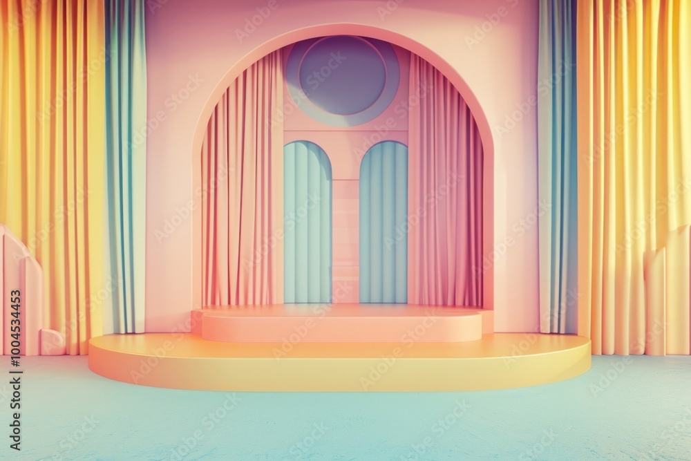 1970s empty tiny stage gameshow in the vintage pastel color ...