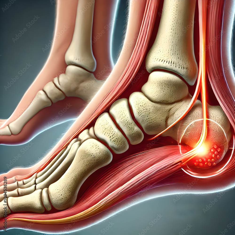 3D detailed plantar fascia tendon in the sole of foot, focusing on ...