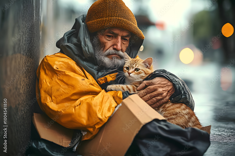Homeless man on city street. Old sad man on cardboard in torn clothes ...
