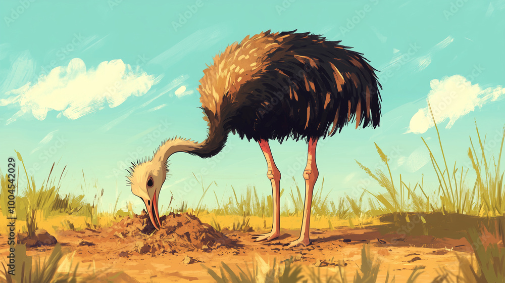 Ostrich digging into the ground with its beak, searching for food ...