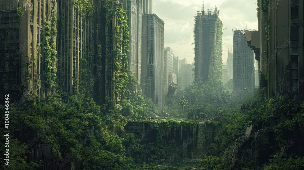 An abandoned urban landscape in a post-apocalyptic world, where the ...