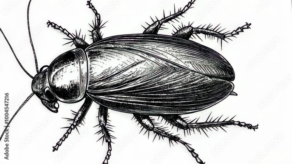 A detailed drawing of a cockroach with long legs and spiky antennas ...