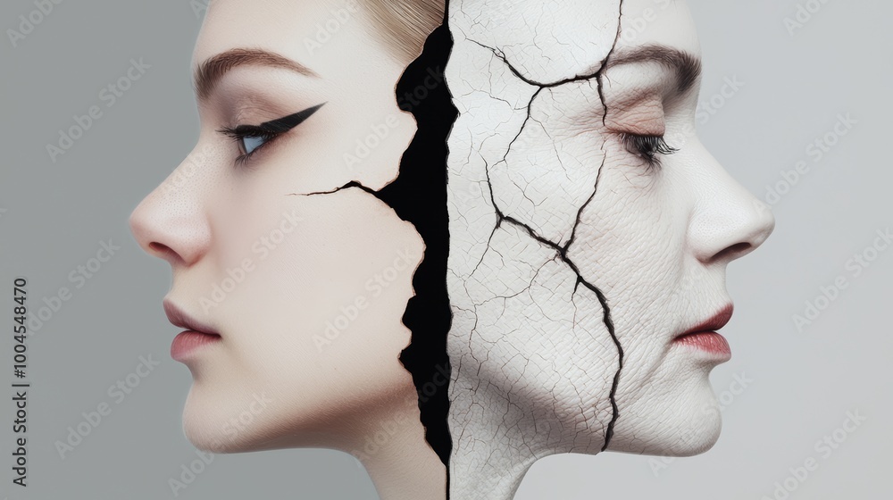 Photo & Art Print A split portrait showing a young face with a strong ...