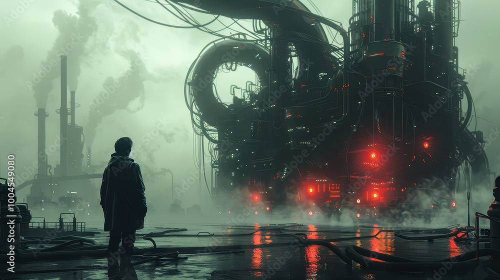 Futuristic Man in Dark Factory Surrounded by Black Cables and ...