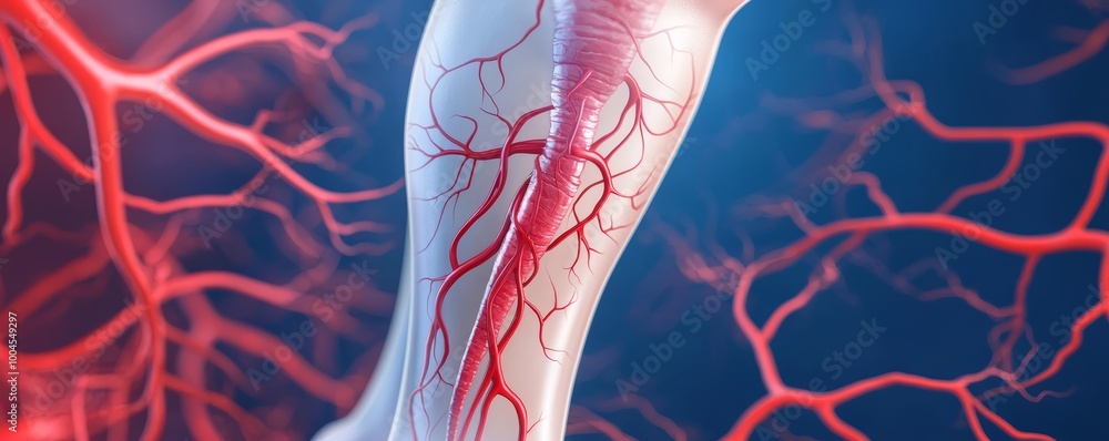 A zoomed-in medical illustration of a leg with varicose veins ...
