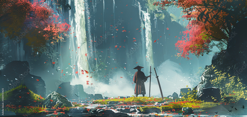 Solitary Samurai in Waterfall Garden During Autumn, Standing with ...