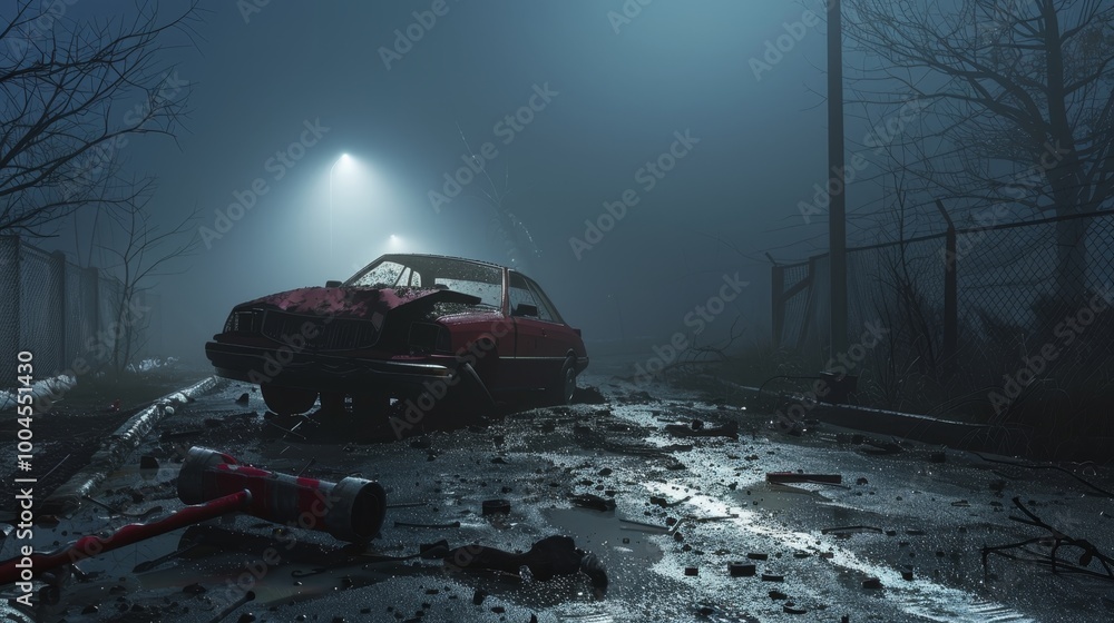 Nighttime car accident in fog damaged vehicle with broken headlight ...