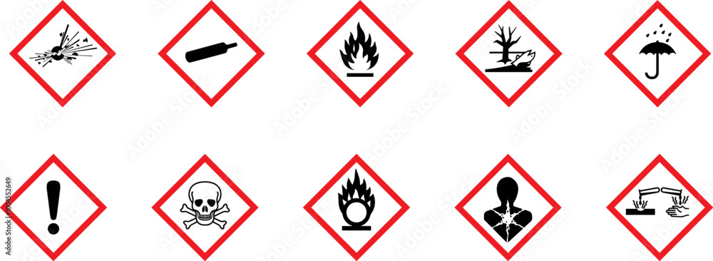 Globally Harmonized System (GHS) hazard Warning symbols with red ...