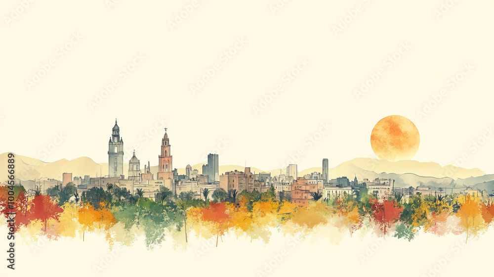 Saltillo, Mexico, color pen pencil hand-drawn effect drawing ...