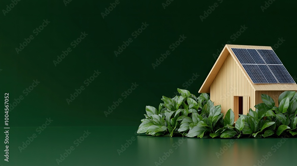This wooden house model features solar panels on its roof, surrounded ...