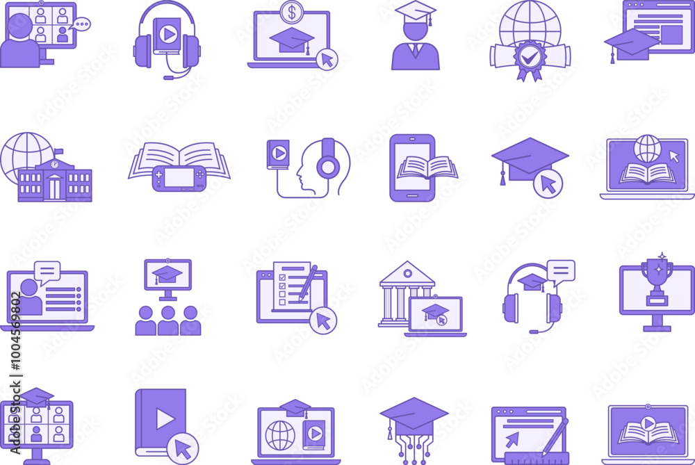 Colored Online Education Icon Set. Vector Icons Online School, Mentor ...