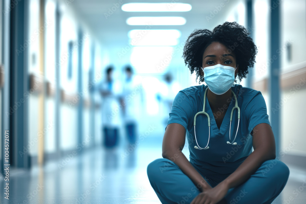 Overworked, burnt out, depressed and tired black woman nurse sits on ...