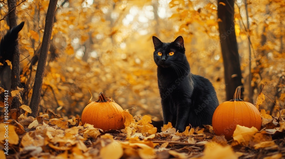 Black Cat in Autumn Forest: A black cat with piercing golden eyes sits ...