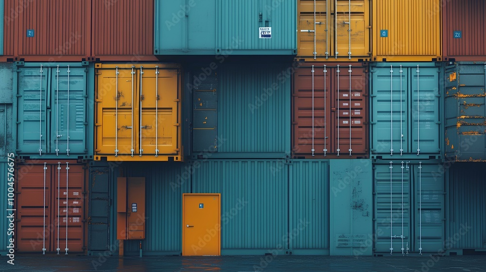A colorful arrangement of shipping containers stacked against a wall ...