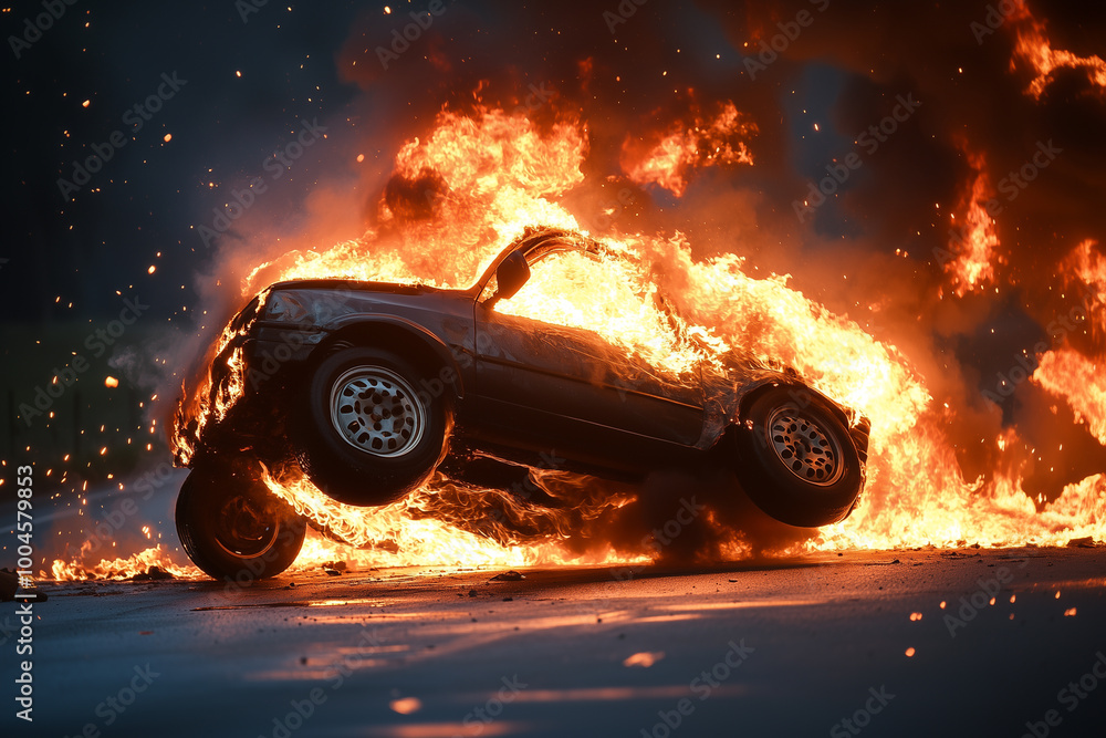 A car is on fire and is in the air. The car is a black pickup truck ...