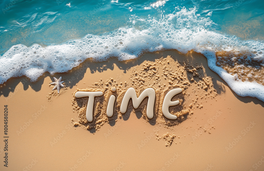 A beach with the word "time" written in sand. The word is in a cursive ...