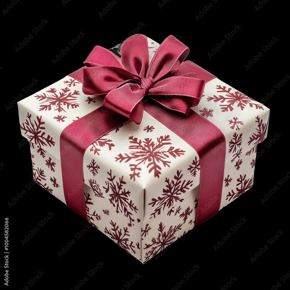 gift in box in beige wrapping with patterns with red ribbon, on ...