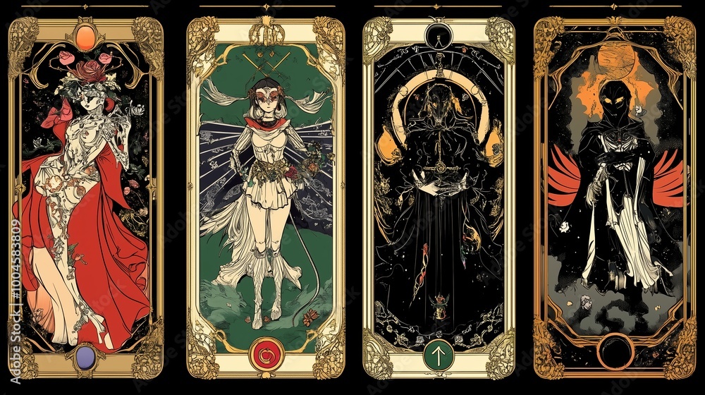 Artistic depiction of four tarot cards featuring mystical characters in ...