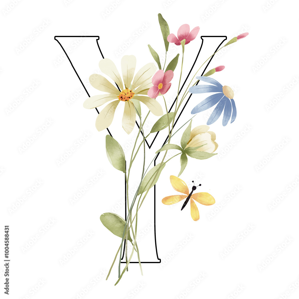 Monogram Y, floral letter with watercolor flowers and leaves ...