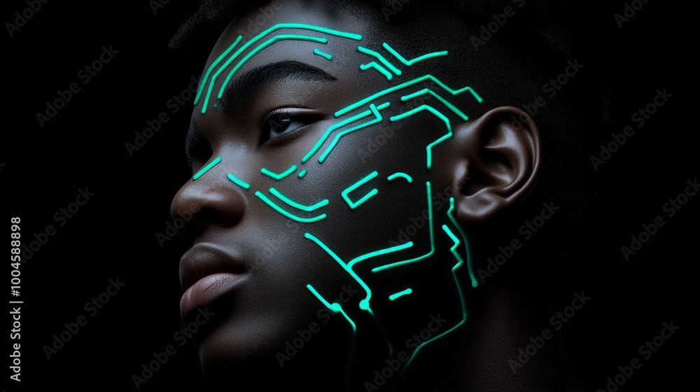 Cybernetic Portrait: A young Black man's face is adorned with glowing ...