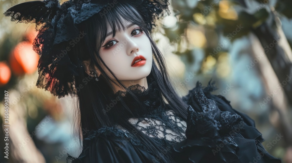 Young Asian woman in black gothic style make up halloween theme ...