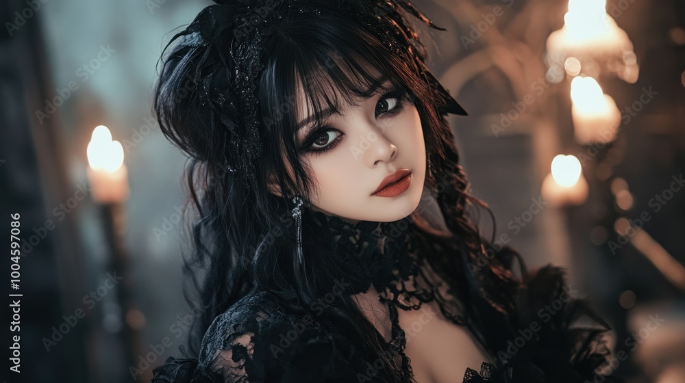 Young Asian woman in black gothic style make up halloween theme ...