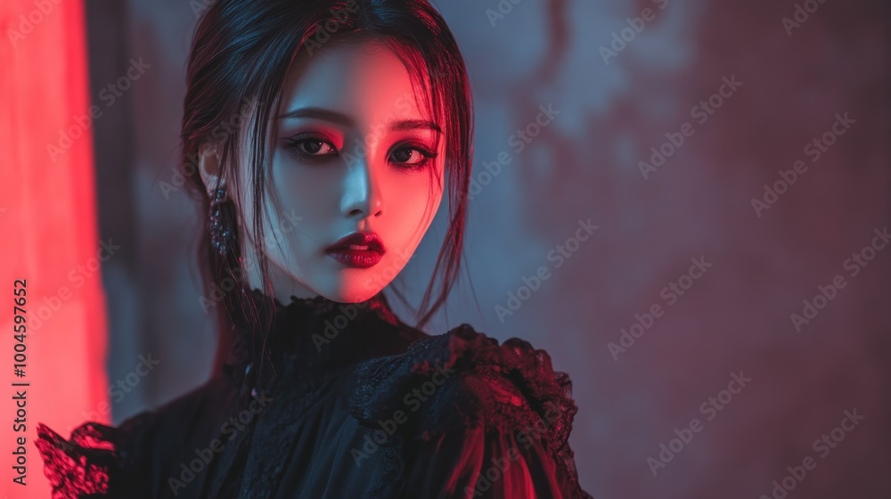 Young Asian woman in black gothic style make up halloween theme ...