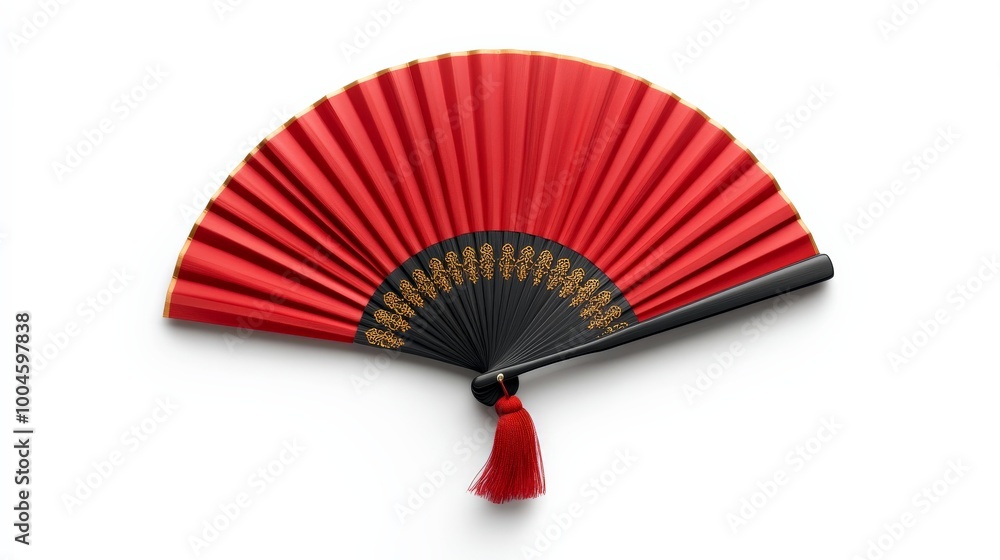 Crimson Hand Fan: A vibrant red hand fan with black and gold detailing ...