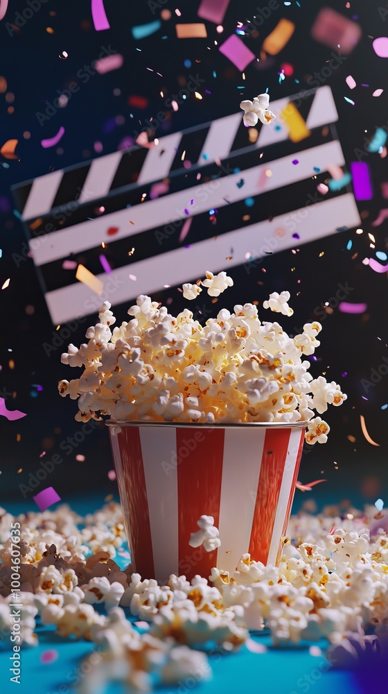 Popcorn exploding from a striped bucket with movie clapper and confetti ...