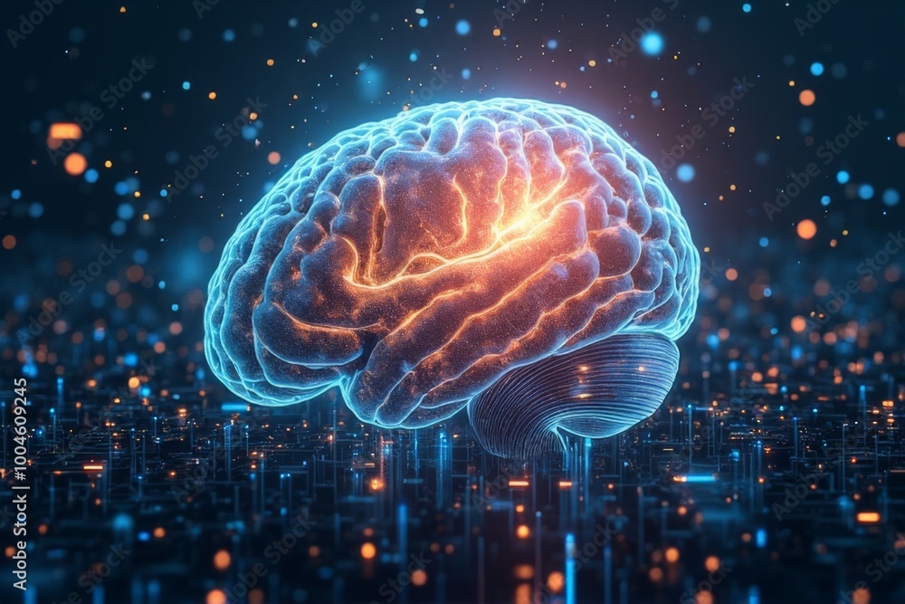 Digital representation of a brain with glowing neural connections in a ...