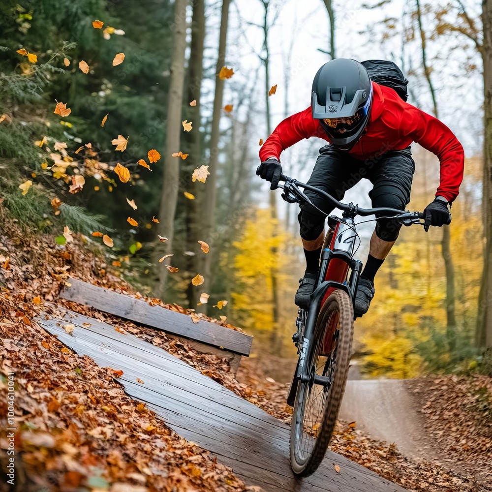 Extreme trail biker jumping off a wooden ramp in the forest, leaves ...