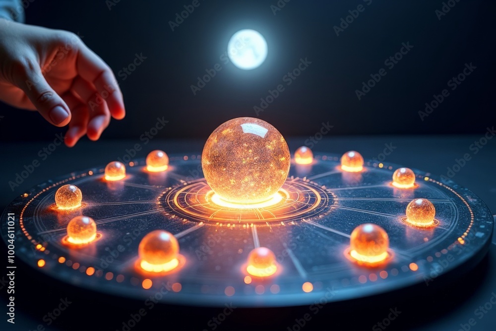 Hand reaching for glowing orb with constellation-like spheres in a dark ...