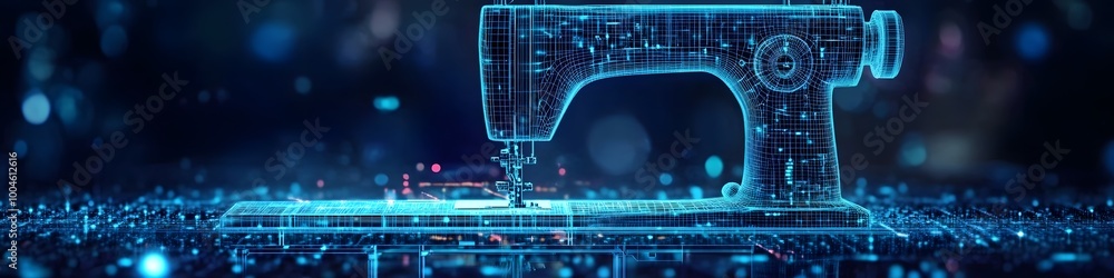digital sewing machine with glowing data stream symbolizes the ...