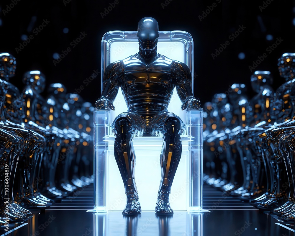 Alien king with cybernetic armor, sitting on a throne made of glowing ...