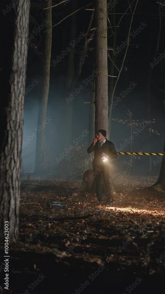 Two hipsters walking through empty forest at night, looking around ...