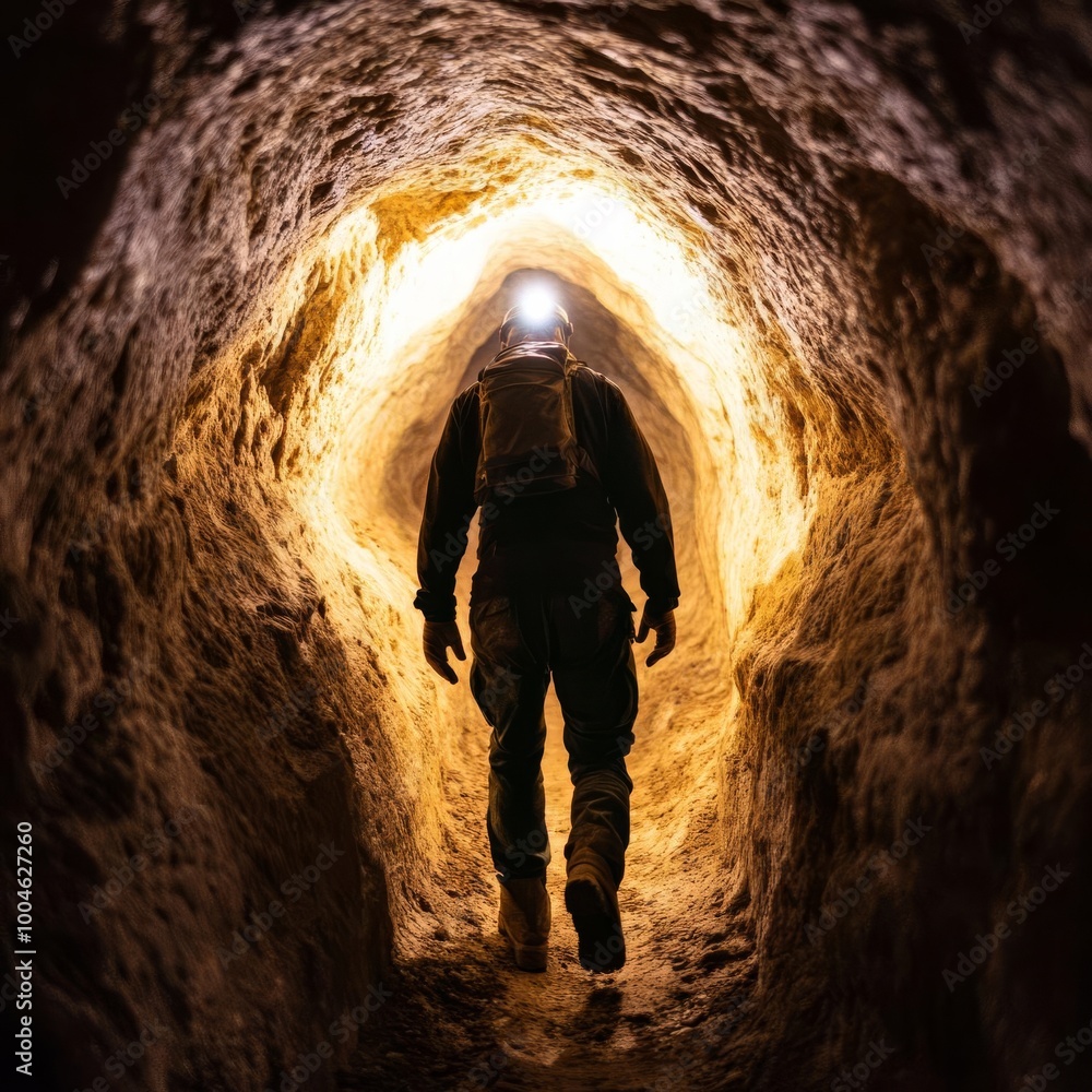 Caver exploring a narrow cave tunnel with headlamp, darkness closing in ...