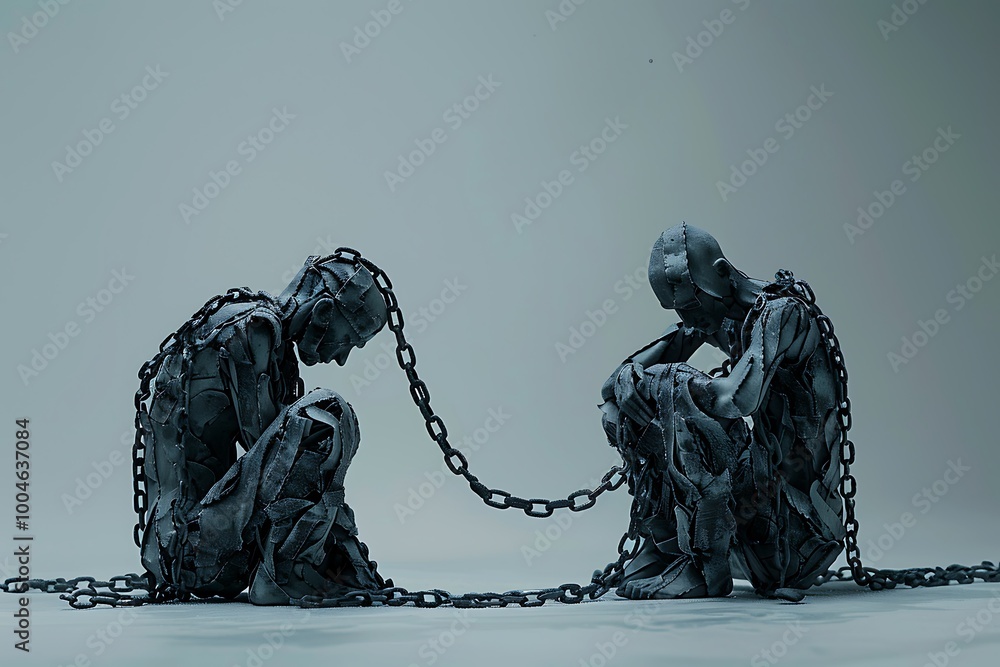 Two chained figures, one kneeling and one sitting, convey themes of ...