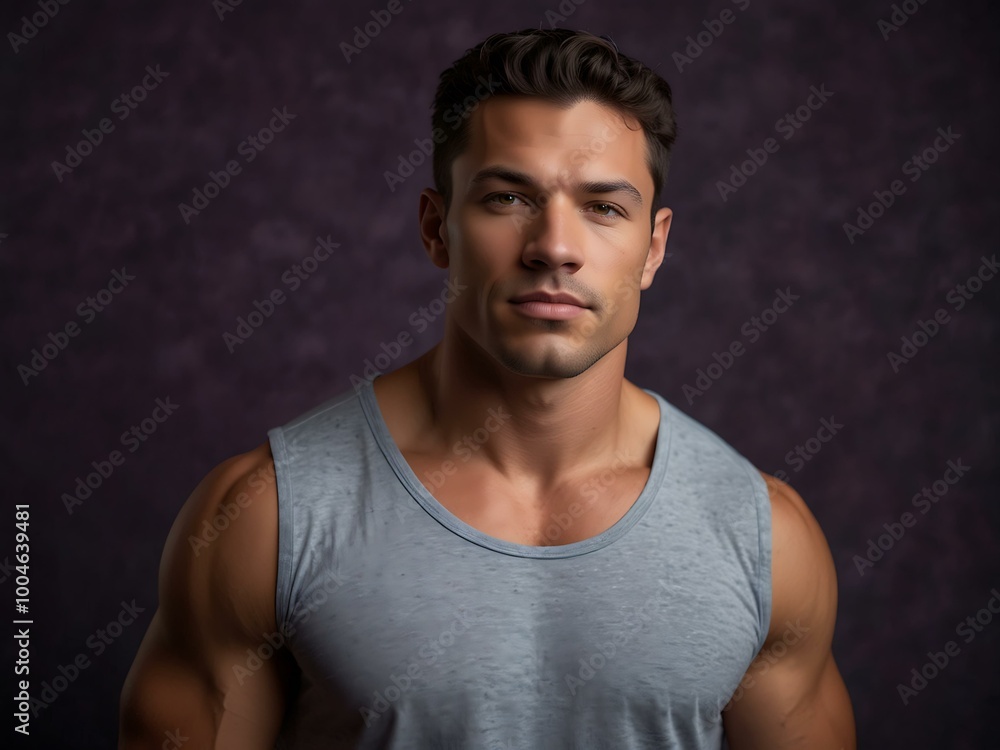 Confident muscular man in a modeling session against a purple backdrop ...