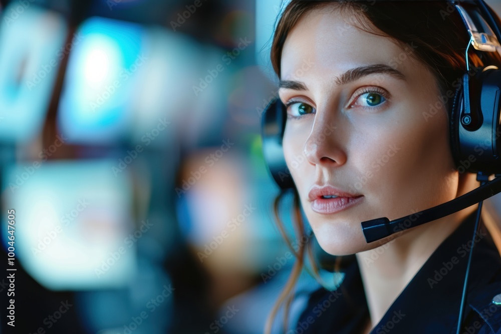 Female law enforcement officer on a blurred 911 dispatch center ...