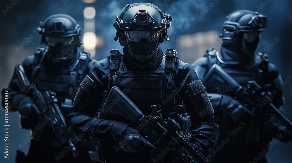 Elite tactical unit with advanced equipment. Special forces, SWAT team with future gear. Police ...