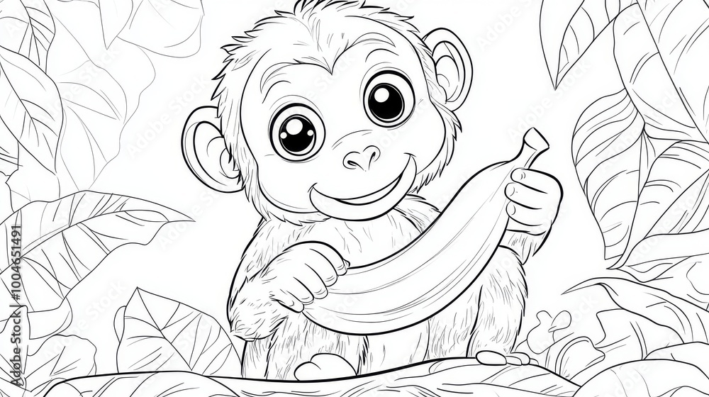 This is a fun coloring page for kids featuring a cute monkey eating a ...