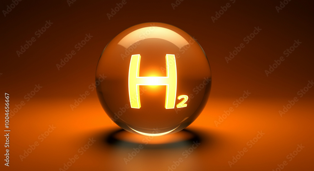 Hydrogen molecule with symbol H2 in glowing orb against a dark ...