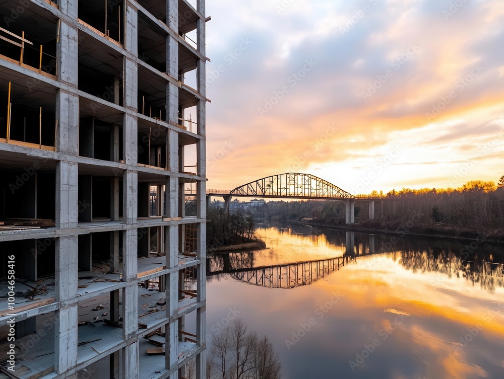 Hotel under construction by river, bridge in background, scenic ...