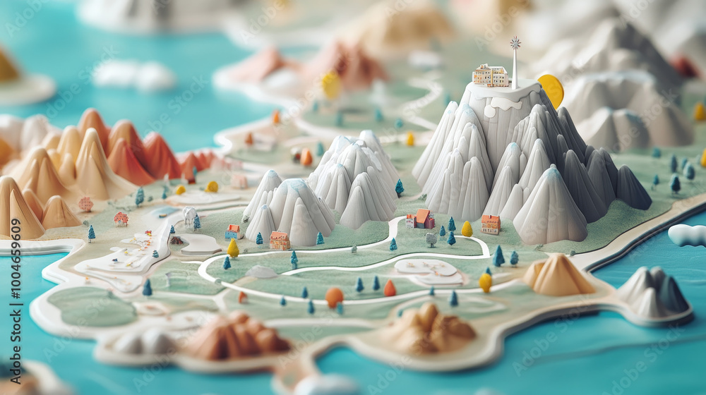 A 3D illustration of a map featuring various terrains and landscapes ...