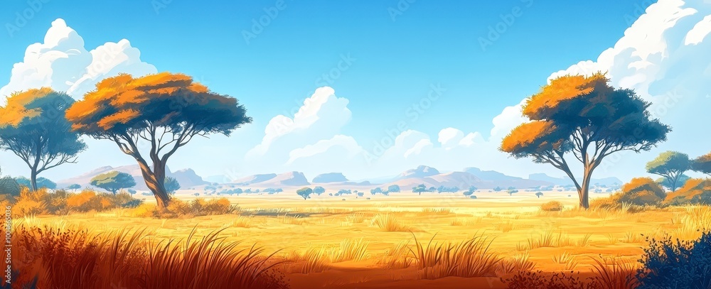Vibrant landscape featuring golden grasslands and scattered trees under ...