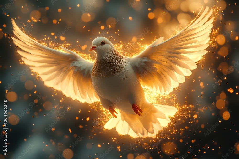 aigenerated flying white dove radiating fire effects on a dark ...