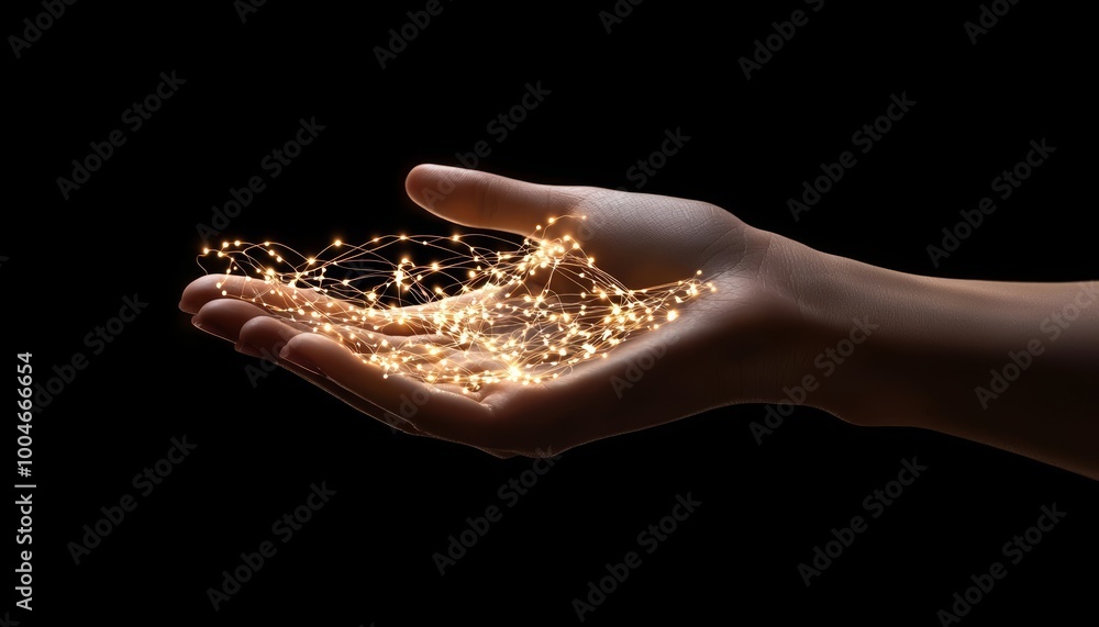 A glowing neural network spreads from the fingertips of a human hand ...