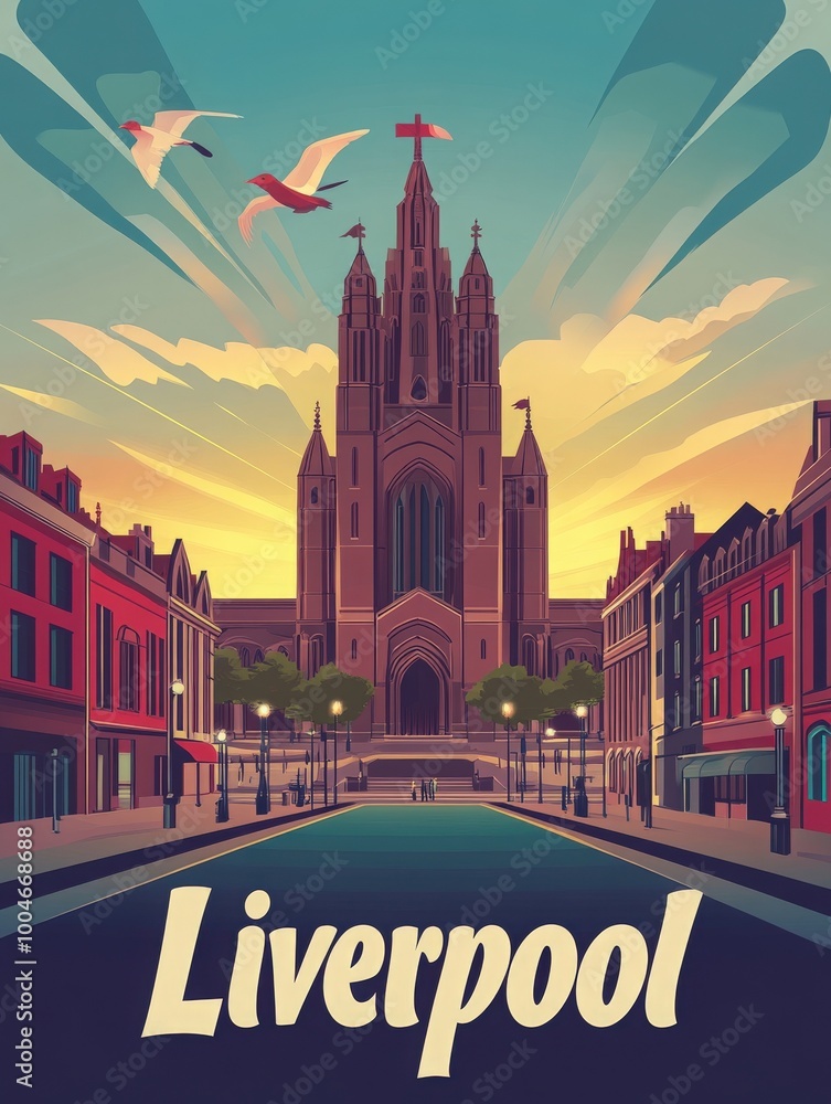 This colorful retro travel poster depicts Liverpool, highlighting its ...